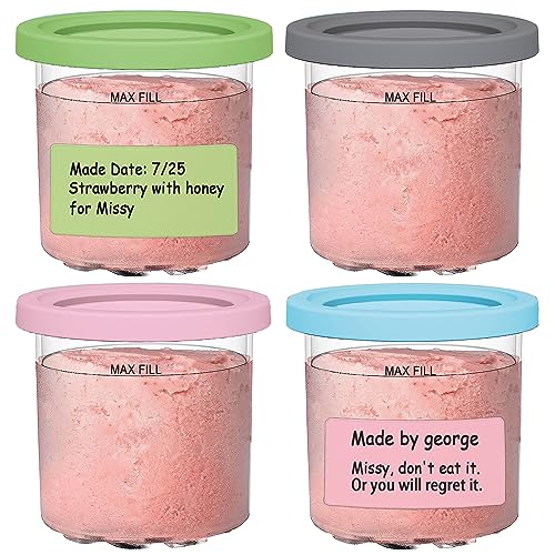 Kubyertos Pints and Lids - 4 Pack Fit for Ninja CREAMi NC299AMZ NC300 NC301 Series Ice Cream Makers, Comes with 20 Label Paper, Dishwasher Safe & BPA-Free, 1 Pint Each, 4 Color Lids Green/Blue/Pink/Grey