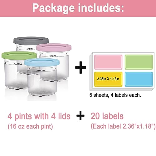 Kubyertos Pints and Lids - 4 Pack Fit for Ninja CREAMi NC299AMZ NC300 NC301 Series Ice Cream Makers, Comes with 20 Label Paper, Dishwasher Safe & BPA-Free, 1 Pint Each, 4 Color Lids Green/Blue/Pink/Grey