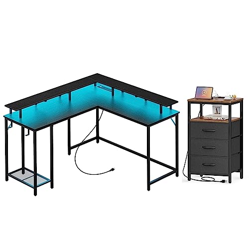 SUPERJARE L Shaped Gaming Desk with Power Outlets & LED Lights and Huuger Nightstand with Charging Station