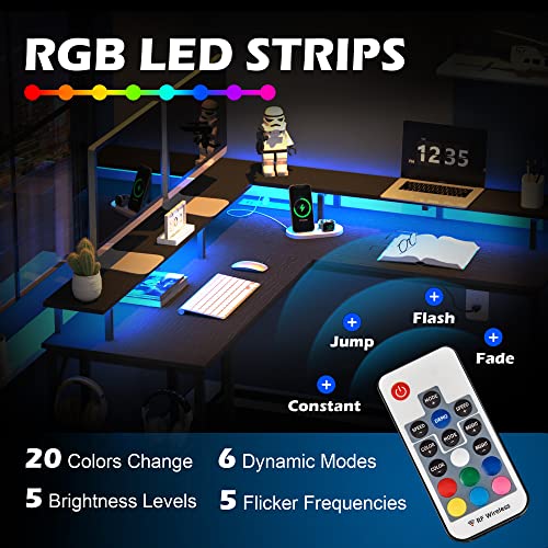 SUPERJARE L Shaped Gaming Desk with Power Outlets & LED Lights and Huuger Nightstand with Charging Station