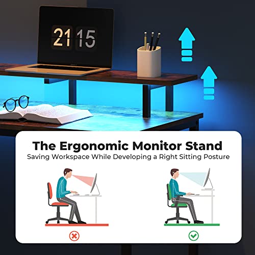 SUPERJARE L Shaped Computer Desk with Power Outlets & LED Lights and Huuger Nightstand with Charging Station