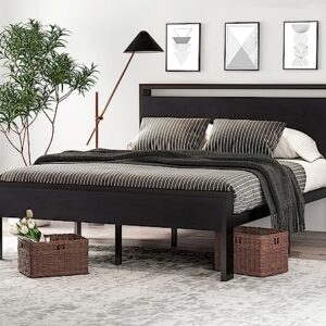 SHA CERLIN 14 Inch Queen Size Metal Platform Bed Frame with Wooden Headboard and Footboard, Mattress Foundation, No Box Spring Needed, Large Under Bed Storage, Without Noise, Black Oak