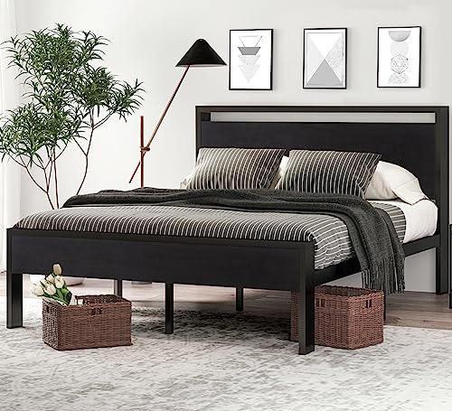 SHA CERLIN 14 Inch Queen Size Metal Platform Bed Frame with Wooden Headboard and Footboard, Mattress Foundation, No Box Spring Needed, Large Under Bed Storage, Without Noise, Black Oak