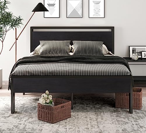 SHA CERLIN 14 Inch Queen Size Metal Platform Bed Frame with Wooden Headboard and Footboard, Mattress Foundation, No Box Spring Needed, Large Under Bed Storage, Without Noise, Black Oak