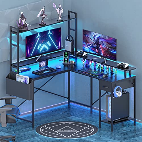 Huuger L Shaped Desk Gaming Desk with LED Lights & Power Outlets Nightstand with Charging Station