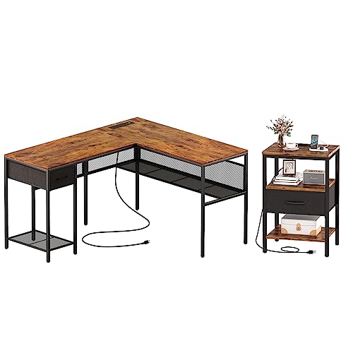 Huuger L Shaped Desk Computer Desk with LED Lights & Power Outlets and SUPERJARE Nightstand with Charging Station