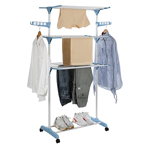 Finnhomy Clothes Drying Rack, 3-Tier Foldable Horses Drying Rack Clothing with 2 Wings, Rolling Laundry Drying Rack with Wheels for Indoor & Outdoor Use, Collapsible Laundry Rack, Blue