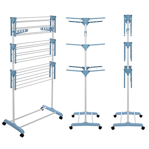 Finnhomy Clothes Drying Rack, 3-Tier Foldable Horses Drying Rack Clothing with 2 Wings, Rolling Laundry Drying Rack with Wheels for Indoor & Outdoor Use, Collapsible Laundry Rack, Blue