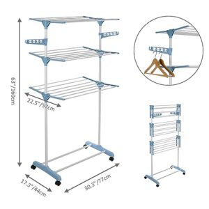 Finnhomy Clothes Drying Rack, 3-Tier Foldable Horses Drying Rack Clothing with 2 Wings, Rolling Laundry Drying Rack with Wheels for Indoor & Outdoor Use, Collapsible Laundry Rack, Blue