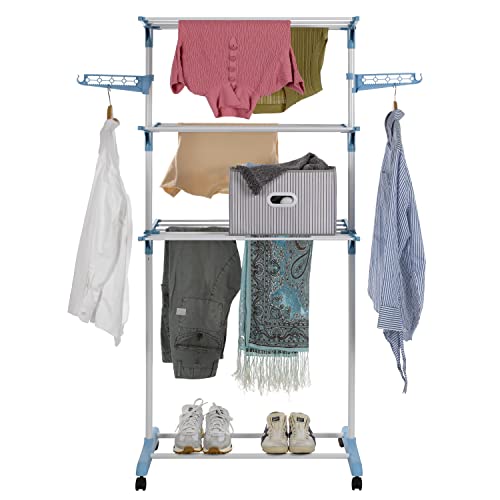 Finnhomy Clothes Drying Rack, 3-Tier Foldable Horses Drying Rack Clothing with 2 Wings, Rolling Laundry Drying Rack with Wheels for Indoor & Outdoor Use, Collapsible Laundry Rack, Blue