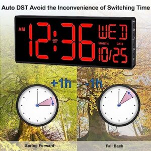 Soobest Large Display Digital Wall Clock with Date and Day of Week, Remote Control LED Clock with Dimmer (Red)