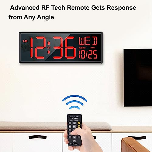 Soobest Large Display Digital Wall Clock with Date and Day of Week, Remote Control LED Clock with Dimmer (Red)