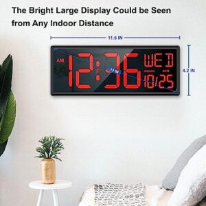 Soobest Large Display Digital Wall Clock with Date and Day of Week, Remote Control LED Clock with Dimmer (Red)