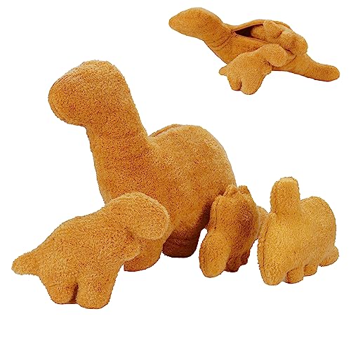 NEWYANG 4 Pieces Dino Nugget Pillow Set - Large Chicken Nugget Plush with 3 Dino Plush Toys, Creative Dinosaur Stuffed Animal Doll for Boys and Girls Birthday Gift Party Favors