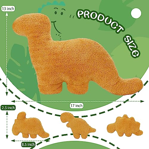 NEWYANG 4 Pieces Dino Nugget Pillow Set - Large Chicken Nugget Plush with 3 Dino Plush Toys, Creative Dinosaur Stuffed Animal Doll for Boys and Girls Birthday Gift Party Favors