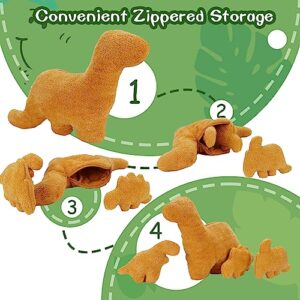 NEWYANG 4 Pieces Dino Nugget Pillow Set - Large Chicken Nugget Plush with 3 Dino Plush Toys, Creative Dinosaur Stuffed Animal Doll for Boys and Girls Birthday Gift Party Favors