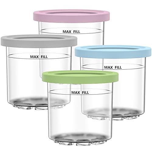 GoMaihe Containers Replacement for Ninja Creami Pints and Lids - 4 Pack, 16oz cup Compatible with NC301 NC300 NC299AMZ Series Ice Cream Maker, BPA Free Dishwasher Safe Leak Proof, Pink/Green/Grey/Blue