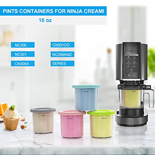 GoMaihe Containers Replacement for Ninja Creami Pints and Lids - 4 Pack, 16oz cup Compatible with NC301 NC300 NC299AMZ Series Ice Cream Maker, BPA Free Dishwasher Safe Leak Proof, Pink/Green/Grey/Blue