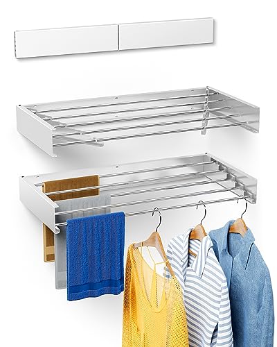 Laundry Drying Rack Collapsible, Wall Mounted Drying Rack, Clothes Drying Rack, Retractable Drying Rack, 31.5" Wide, 13.2 Linear Ft, 5 Aluminum Rods, 60 lb Capacity (White 31.5") Medium