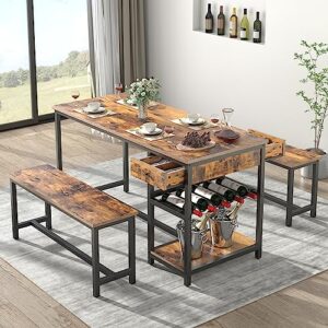 stikely dining table set for 4-6 people, 3 pieces kitchen dinner table set with 2 drawers & long benches, dining room table with wine rack & glass holder and storage shelf for home kitchen use