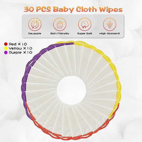 FAMOPLY 30 Pack Flannel Cloth Baby Wipes Reusabe Soft Baby Cloth Wipes with Wall Mounted Wipes Dispenser 8x8 inch Body Face Hand Washcloth Essential for Cloth Diapers