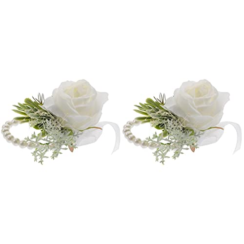 LUOZZY 2 Pcs Wedding Wrist Corsage Pearl Corsage Wristlet Wedding Groomsmen Bridesmaids Hand Flower for Party Decorations