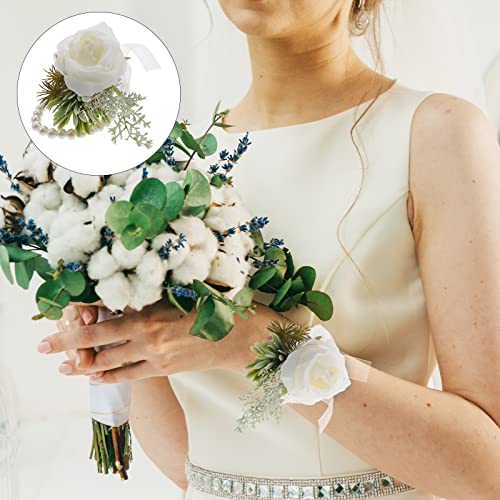 LUOZZY 2 Pcs Wedding Wrist Corsage Pearl Corsage Wristlet Wedding Groomsmen Bridesmaids Hand Flower for Party Decorations