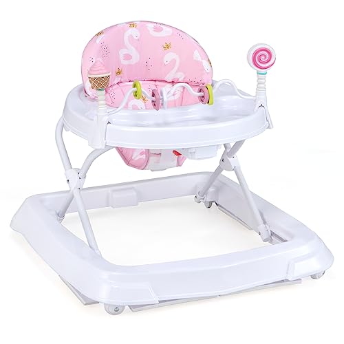 HONEY JOY Baby Walker, Foldable Toddler Walker with Toys, Learning-Seated or Walk-Behind for Boys and Girls, Adjustable Height, High Back Padded Seat, Infant Activity Walker with Wheels (Pink)