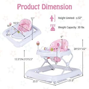 HONEY JOY Baby Walker, Foldable Toddler Walker with Toys, Learning-Seated or Walk-Behind for Boys and Girls, Adjustable Height, High Back Padded Seat, Infant Activity Walker with Wheels (Pink)