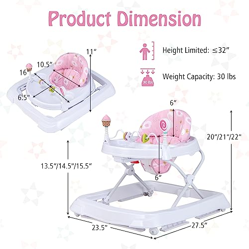 HONEY JOY Baby Walker, Foldable Toddler Walker with Toys, Learning-Seated or Walk-Behind for Boys and Girls, Adjustable Height, High Back Padded Seat, Infant Activity Walker with Wheels (Pink)