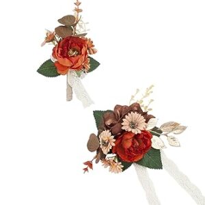 Ansofi Burnt Orange Wrist Corsage and Boutonniere Set for Wedding, Artificial Rose Flower Corsage Wristlet and Boutonniere Set for Wedding Prom Anniversary Homecoming Formal Dinner Party