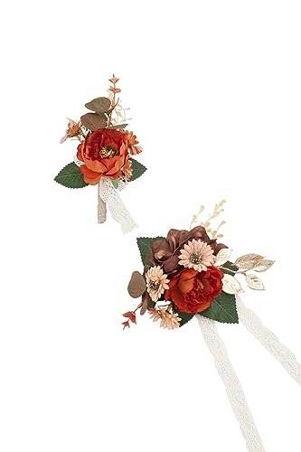 Ansofi Burnt Orange Wrist Corsage and Boutonniere Set for Wedding, Artificial Rose Flower Corsage Wristlet and Boutonniere Set for Wedding Prom Anniversary Homecoming Formal Dinner Party