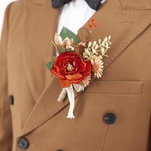 Ansofi Burnt Orange Wrist Corsage and Boutonniere Set for Wedding, Artificial Rose Flower Corsage Wristlet and Boutonniere Set for Wedding Prom Anniversary Homecoming Formal Dinner Party