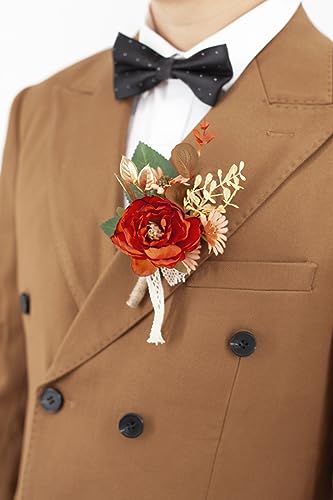 Ansofi Burnt Orange Wrist Corsage and Boutonniere Set for Wedding, Artificial Rose Flower Corsage Wristlet and Boutonniere Set for Wedding Prom Anniversary Homecoming Formal Dinner Party