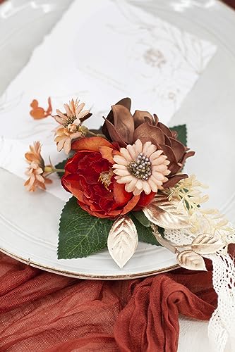 Ansofi Burnt Orange Wrist Corsage and Boutonniere Set for Wedding, Artificial Rose Flower Corsage Wristlet and Boutonniere Set for Wedding Prom Anniversary Homecoming Formal Dinner Party