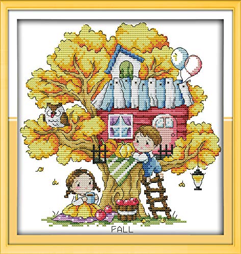 CaptainCrafts Cross Stitch Kits Full Range Stamped and Counted Fabric DIY Art Needlecrafts Embroidery Kit for Adults Beginner (Stamped 14CT, Tree House Autumn)