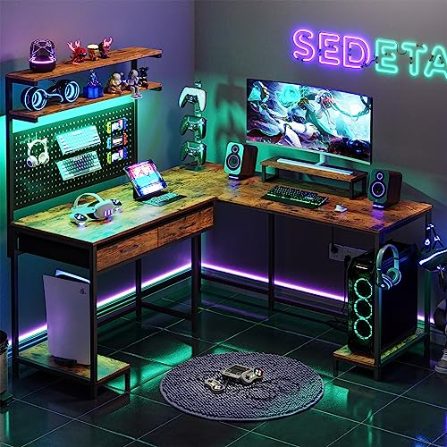 SEDETA L Shaped Gaming Desk with LED Lights and Drawers, Gaming Desk with Hutch & Pegboard, Computer Desk with Monitor Stand, Storage Shelves, Home Office Desk Corner Desk, Gaming Table, Rustic Brown