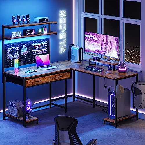 SEDETA L Shaped Gaming Desk with LED Lights and Drawers, Gaming Desk with Hutch & Pegboard, Computer Desk with Monitor Stand, Storage Shelves, Home Office Desk Corner Desk, Gaming Table, Rustic Brown