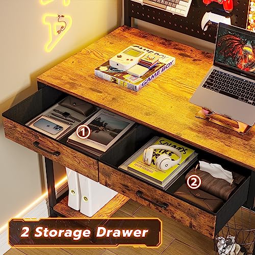 SEDETA L Shaped Gaming Desk with LED Lights and Drawers, Gaming Desk with Hutch & Pegboard, Computer Desk with Monitor Stand, Storage Shelves, Home Office Desk Corner Desk, Gaming Table, Rustic Brown