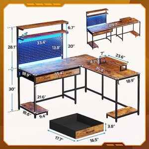 SEDETA L Shaped Gaming Desk with LED Lights and Drawers, Gaming Desk with Hutch & Pegboard, Computer Desk with Monitor Stand, Storage Shelves, Home Office Desk Corner Desk, Gaming Table, Rustic Brown