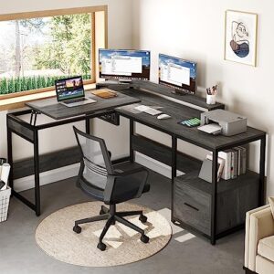 yitahome l shaped desk with file drawer, 65" large computer desk corner desk with lift top, standing desk height adjustable with monitor stand & storage shelves for home office, grey