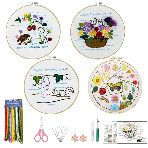 Yiizetony Embroidery Kit for Beginners Adults, 4 Set Embroidery Stitches Practice Kit, Hand Embroidery Kit for Beginner with Embroidery Patterns, Stitch and Learn to Embroidery Kits