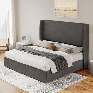 Jocisland Lift Up Storage Bed Queen Size Linen Upholstered Platform Bed Frame/Hydraulic Storage/Modern Wingback Headboard/No Box Spring Needed/Wood Slats Support/Dark Grey