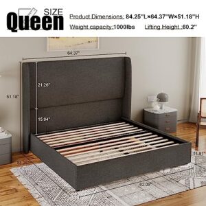 Jocisland Lift Up Storage Bed Queen Size Linen Upholstered Platform Bed Frame/Hydraulic Storage/Modern Wingback Headboard/No Box Spring Needed/Wood Slats Support/Dark Grey