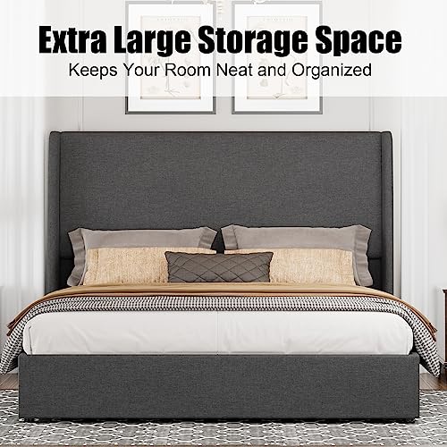 Jocisland Lift Up Storage Bed Queen Size Linen Upholstered Platform Bed Frame/Hydraulic Storage/Modern Wingback Headboard/No Box Spring Needed/Wood Slats Support/Dark Grey