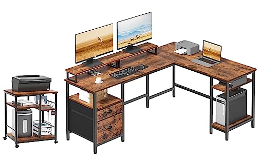 Furologee 66" L Shaped Computer Desk and Printer Stand, Corner Gaming Desk with File Drawer, Shelves and Dual Monitor Stand, Mobile 3 Tier Printer Table with Wheels and 2 Hooks, for Home Office