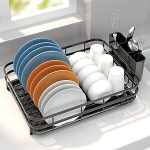 lkkl dish drying rack, large capacity dish rack for kitchen counter, extendable dish rack, anti-rust stainless steel dish drainer with utensil holder cups holder, black