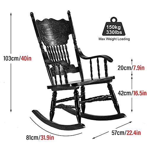 Porch Rocker, Wooden Rocking Chairs for Outdoor Patio Garden Balcony Backyard, Adults Lounge Relax Chair with Extra Wide Seat, Loads 330 lbs (Color : Black)