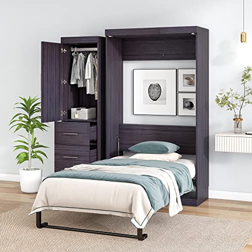 P PURLOVE Multifunctional Murphy Bed Twin with Wardrobe and 3 Drawers, Bed Frame with Slates, Storage Bed Can Be Folded Into A Cabinet for Small Spaces, Apartments, Studio (Gray)