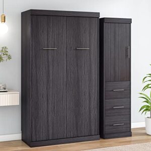 P PURLOVE Multifunctional Murphy Bed Twin with Wardrobe and 3 Drawers, Bed Frame with Slates, Storage Bed Can Be Folded Into A Cabinet for Small Spaces, Apartments, Studio (Gray)